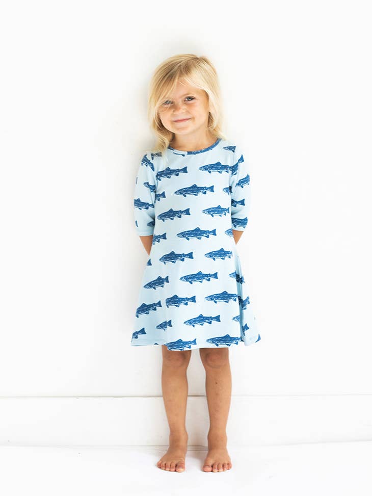 Crann Organic - Girls' Blue Dress - Fish Print – Sadie's Shop Crann Organic - Girls' Blue Dress - Fish Print – Sadie's Shop